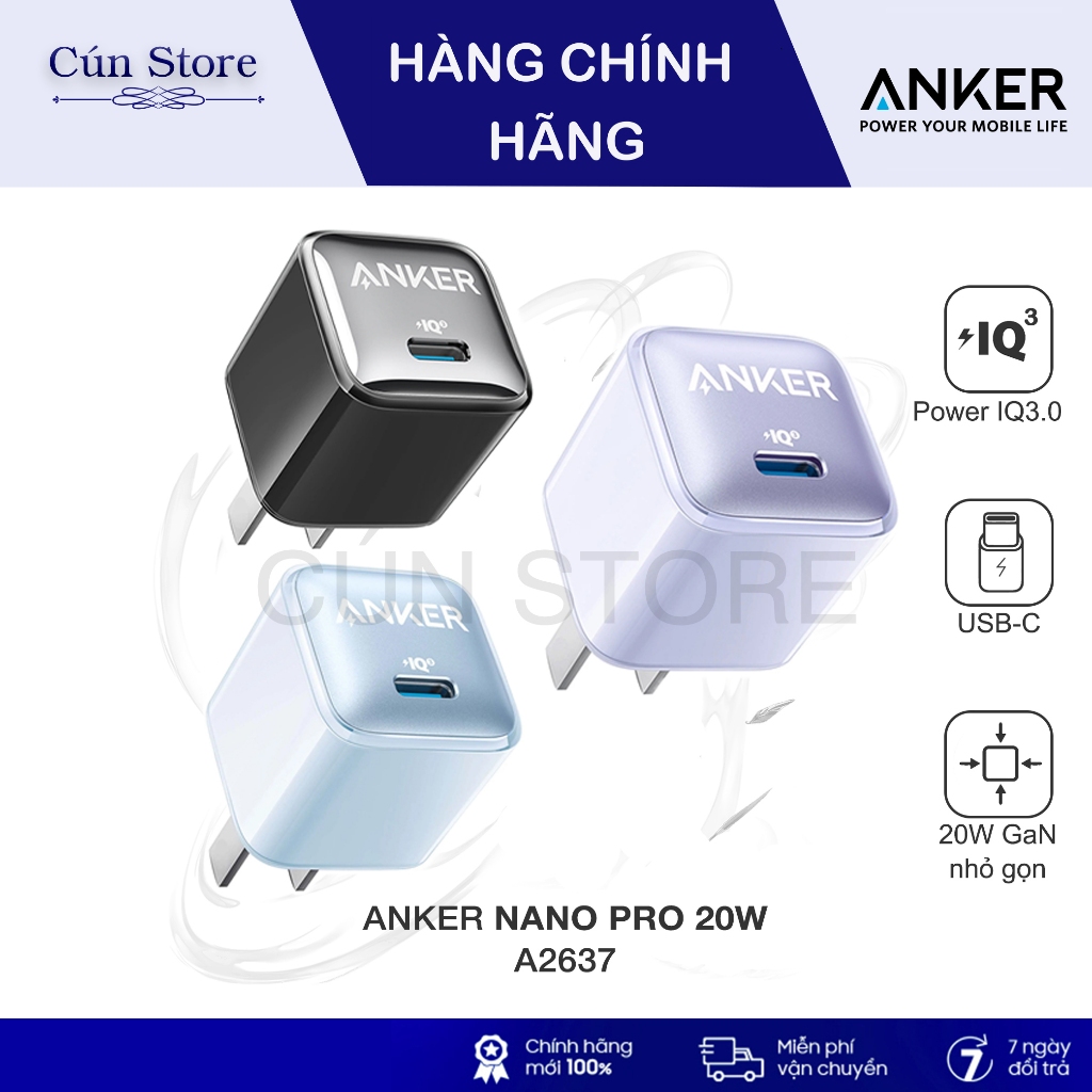 Củ sạc Anker A2637 Nano Pro 20W sạc nhanh các thiết bị di động PD/IQ 3. ...