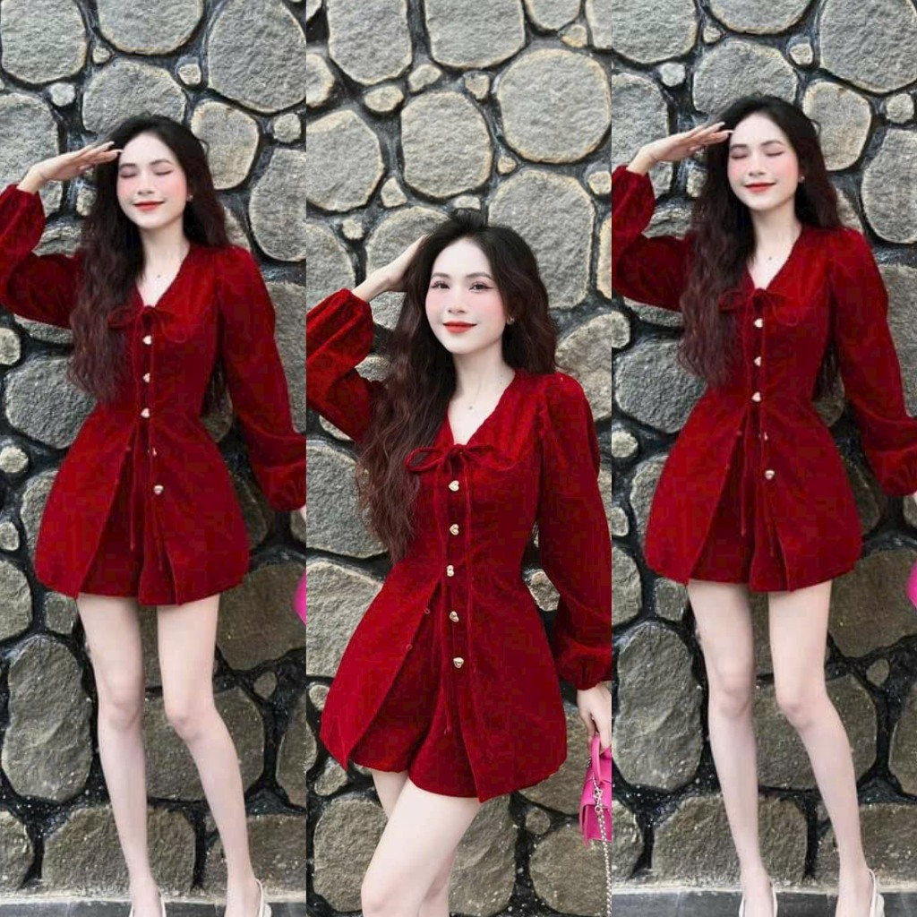 Set bộ đùi NHUNG ĐỎ áo cổ V thắt nơ xẻ tà tay phồng mix quần short ngắn màu đỏ siêu tôn da phù ...