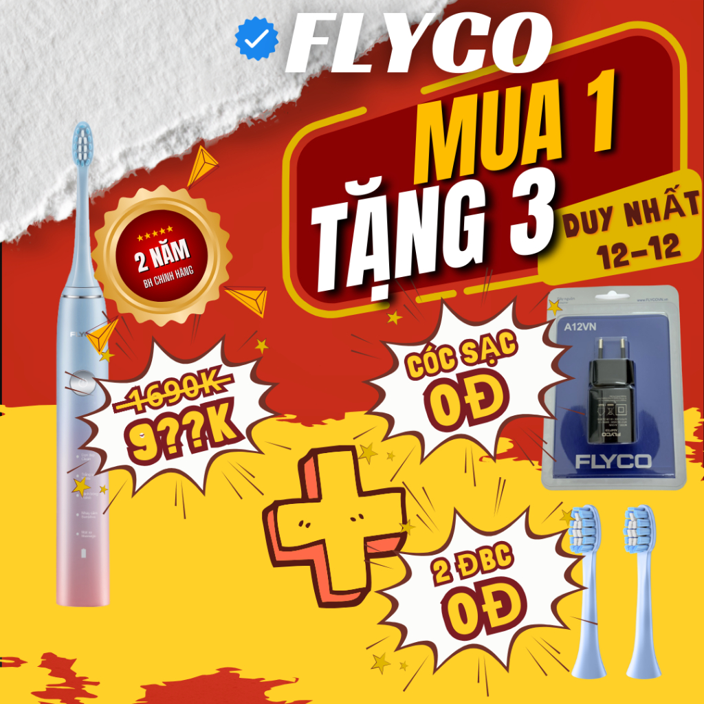 [Tặng Đầu Bàn Chải] Bàn Chải Điện Flyco FT7105VN Kháng Nước IPX7 5 Chế Độ Làm Sạch Chuẩn Nha ...