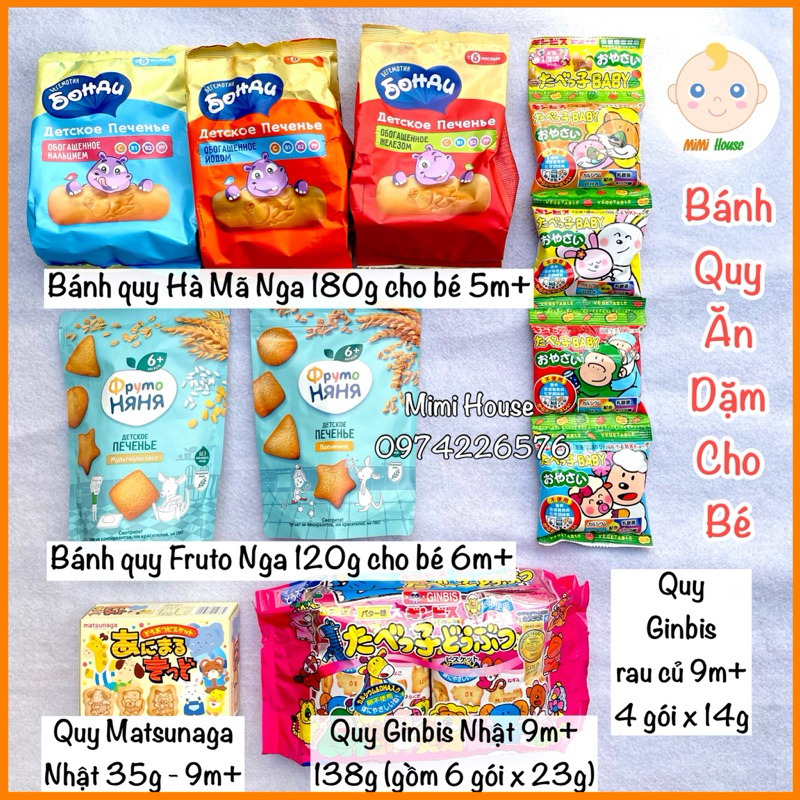 Bánh quy ăn dặm cho bé: bánh quy Ginbis, quy Matsunaga, quy Hà Mã, quy ...