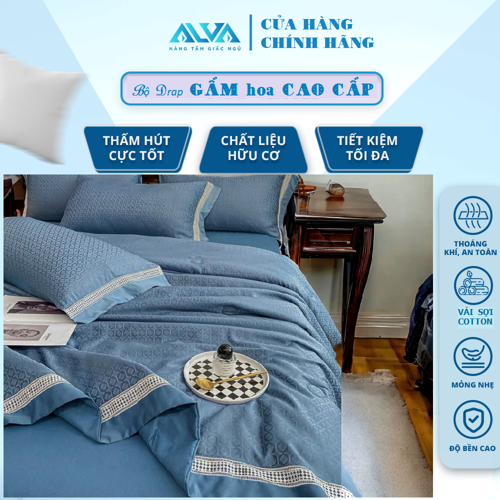 Bộ CHĂN GA LỤA COTTON GẤM IN HOA VÂN CHÌM (5 món CÓ MỀN) CAO CẤP ALVA ...