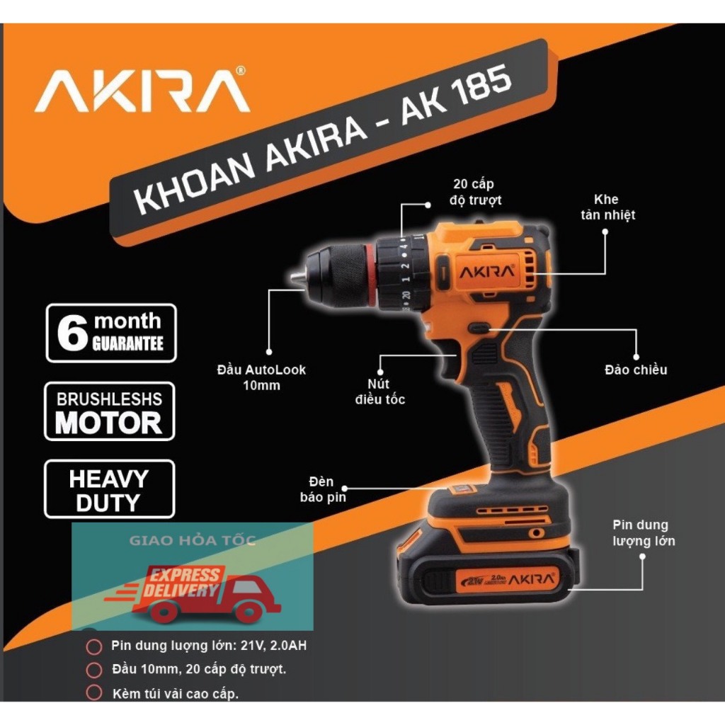 máy khoan pin Akira Autolook 10mm AK185 không chổi than, chân pin phổ ...