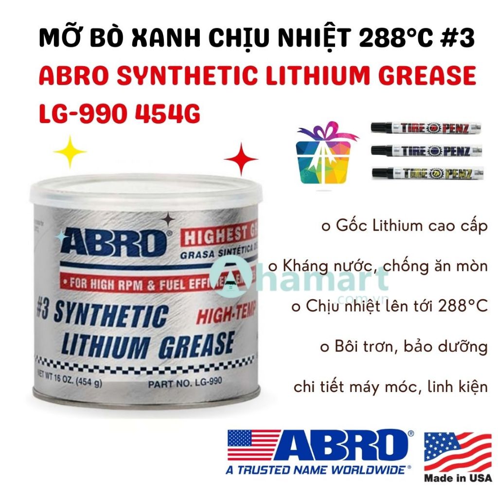 Mỡ bò xanh chịu nhiệt 288°C #3 Abro Synthetic Lithium Grease LG-990 ...