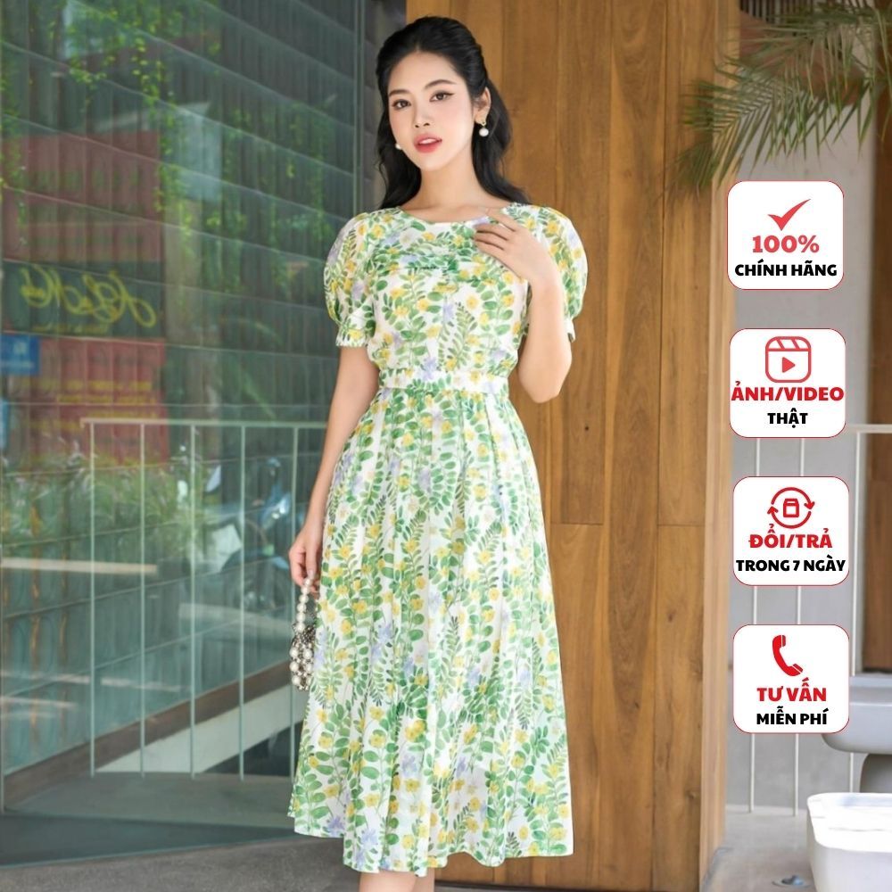 Đầm công sở nữ FIONA dáng xòe váy xếp ly tay bồng họa tiết hoa nhí màu ...