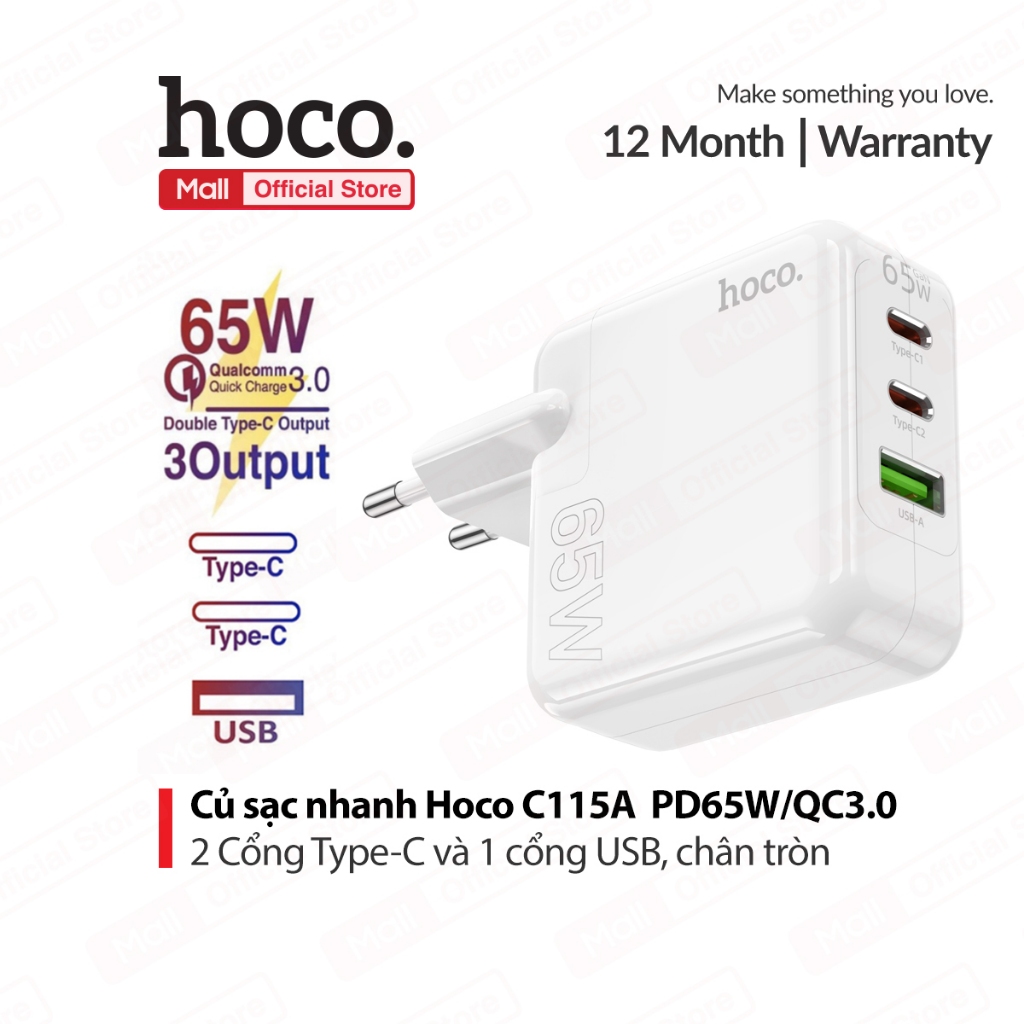 Củ sạc nhanh Hoco C115A PD65W/QC3.0 2 cổng Type-C và 1 cổng USB, chân ...