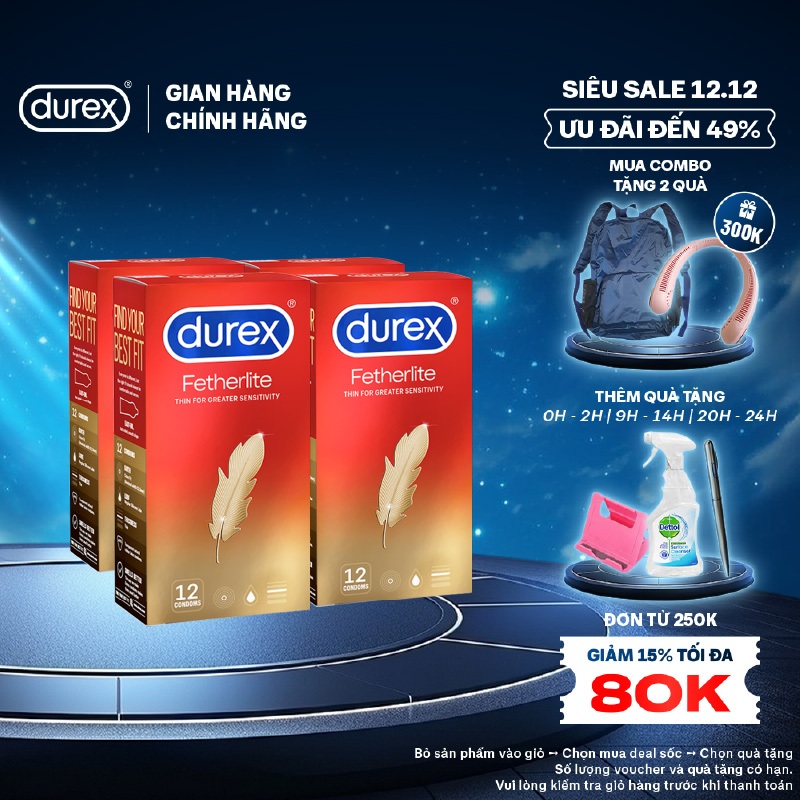 Bộ 4 hộp bao cao su Durex Fetherlite siêu mỏng, bôi trơn, size 52.5mm ...