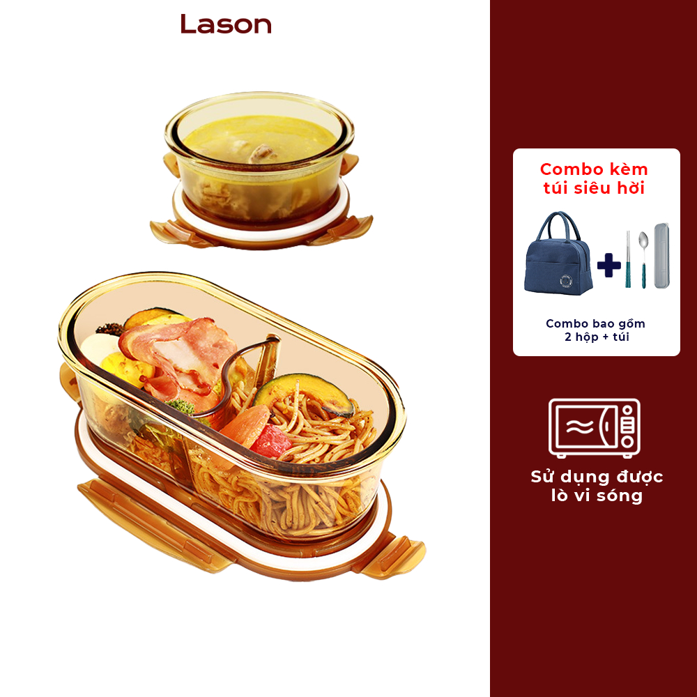 Hộp cơm thủy tinh Lason Hổ Phách, hộp chia 2 ngăn đựng thức ăn, chống ...