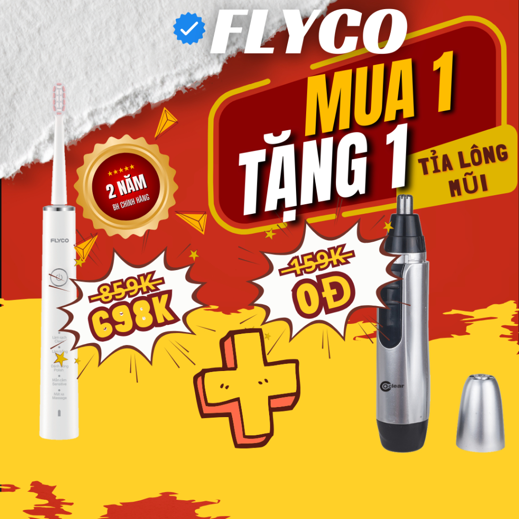 [Tặng Máy Tỉa Lông Mũi] Bàn Chải Sóng Âm Điện Flyco FT7108VN Kháng Nước IPX7 5 Chế Độ Làm Sạch ...