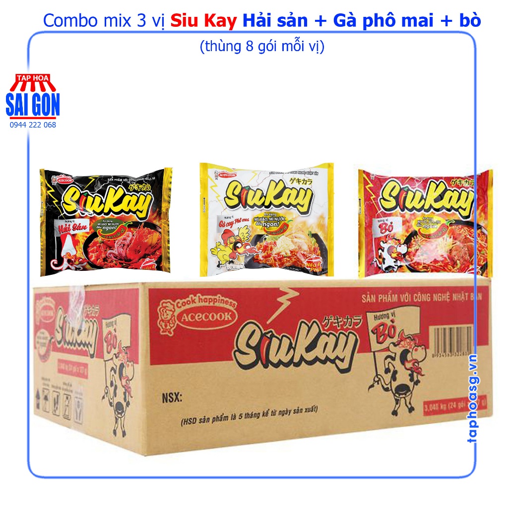 THÙNG Mì Siu Kay các vị Hải Sản, Gà Phô Mai, Bò 24 gói 128g vị cay cực ...