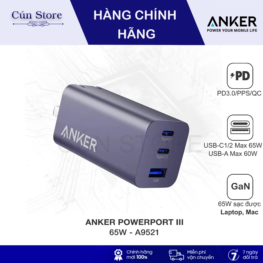 Củ sạc nhanh Anker Powerport III 3 cổng 65W - A9521, hỗ trợ sạc PD/PPS ...