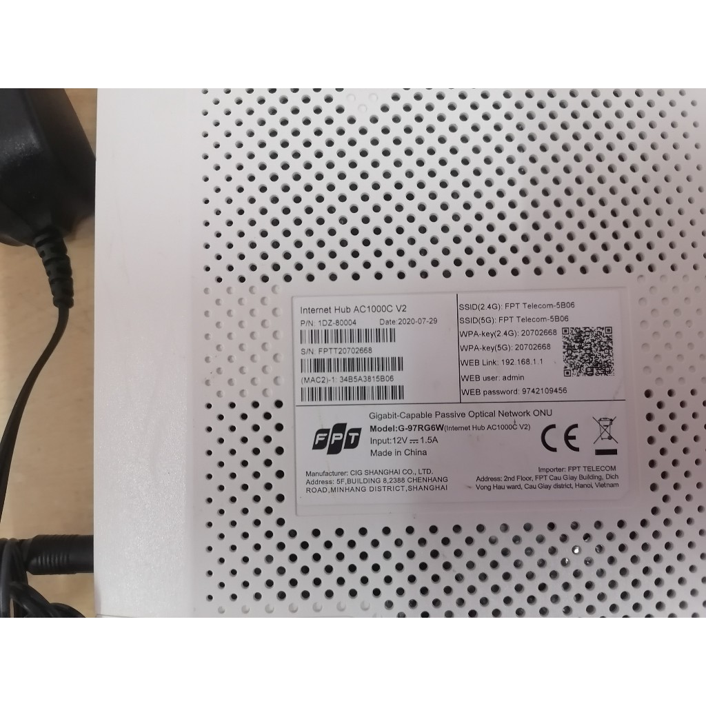 Bộ Phát Wifi Quang FPT G-97RG6W V2 AC1000C 2.4G,5G Gigabit ( Hàng Cũ ...