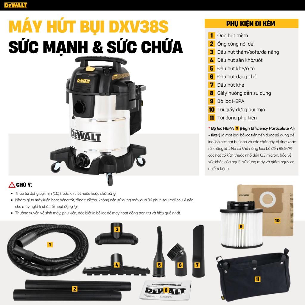 Máy hút bụi Công nghiệp 38L Dewalt DXV38S (5.0 Peak HP) hút bụi khô ...