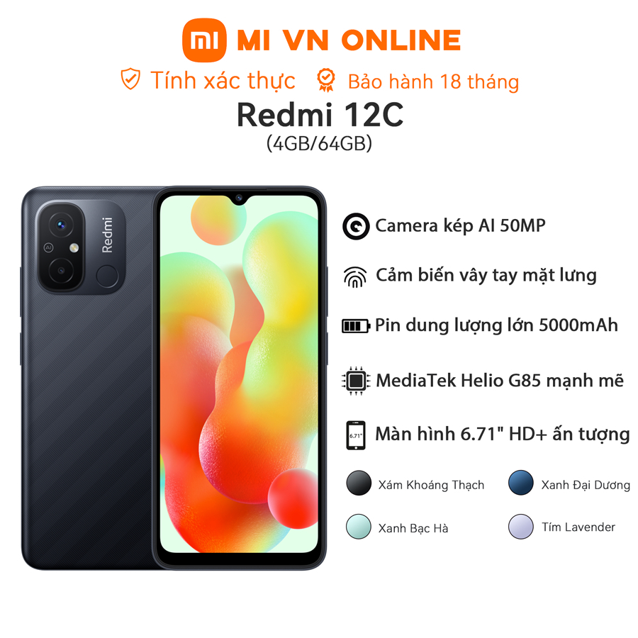 Điện thoại Xiaomi Redmi 12C 4+64GB | MediaTek Helio G85 | Camera kép AI 50MP | Pin 5000mAh ...