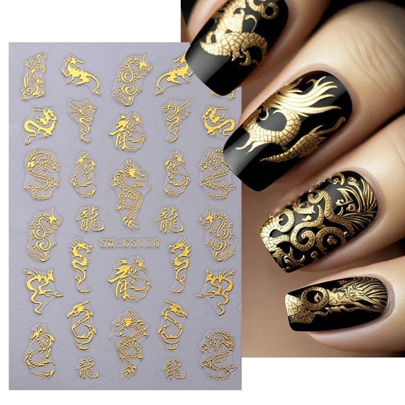 Sticker dán móng tay nail 3D mẫu Rồng Vàng và Rồng Bạc sang trọng ...