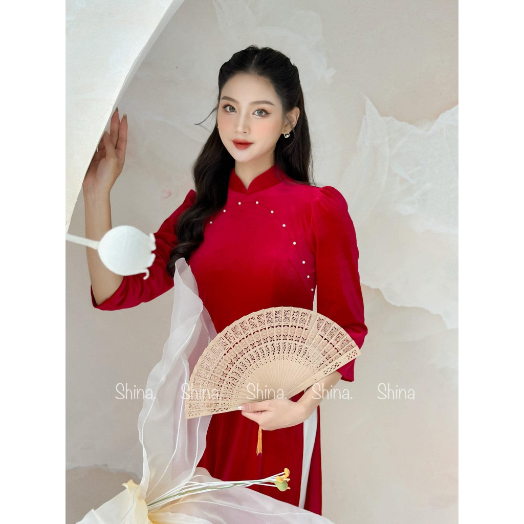 Áo dài nhung đỏ truyền thống SHINA cổ cao 3-5 phân | Shopee Việt Nam