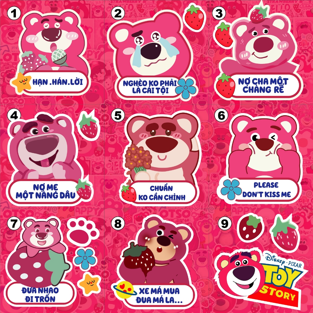 Tem Gấu dâu LOTSO cute dán xe máy, laptop, điện thoại, đàn guitar, mũ ...