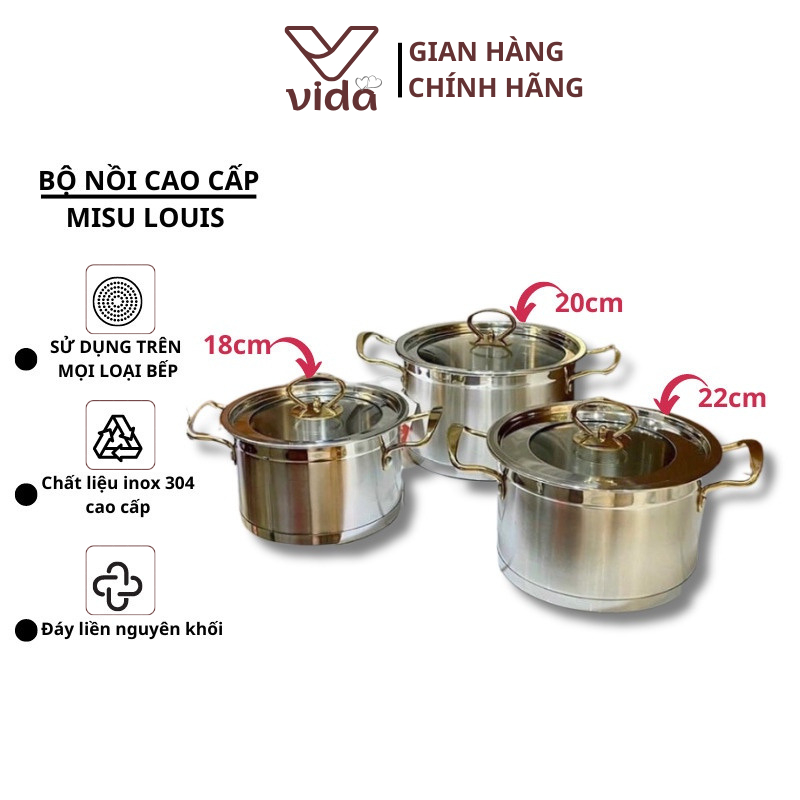 Bộ 3 Nồi Misu Louis Inox 304 Cao Cấp - Bộ Nồi Inox đáy 3 Lớp Nguyên ...