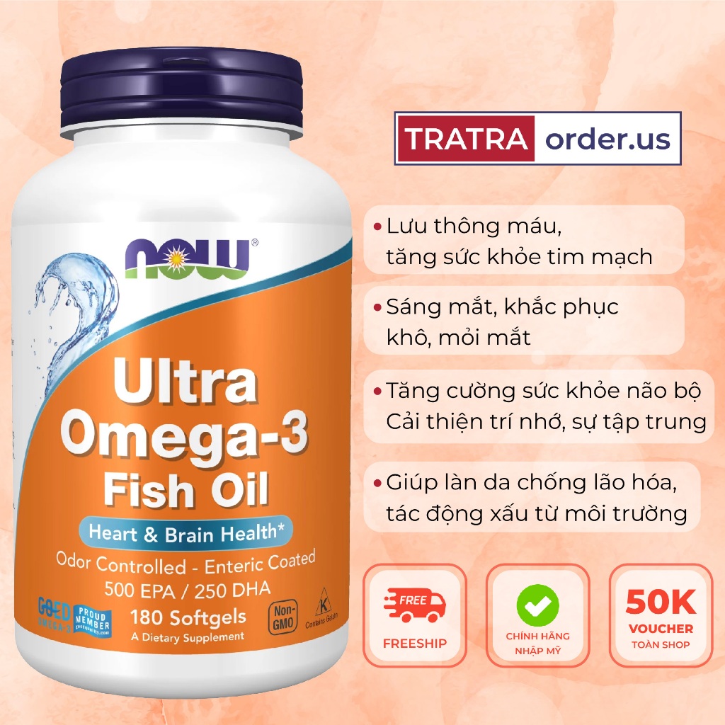 Viên uống dầu cá Now Ultra Omega-3 500 EPA/250 DHA bổ mắt tăng đề kháng ...