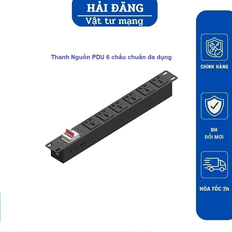 Thanh nguồn PDU 6 ổ cắm 3 chấu chuẩn đa dụng, Có MCB 2P 16A 19 inch 1U ...