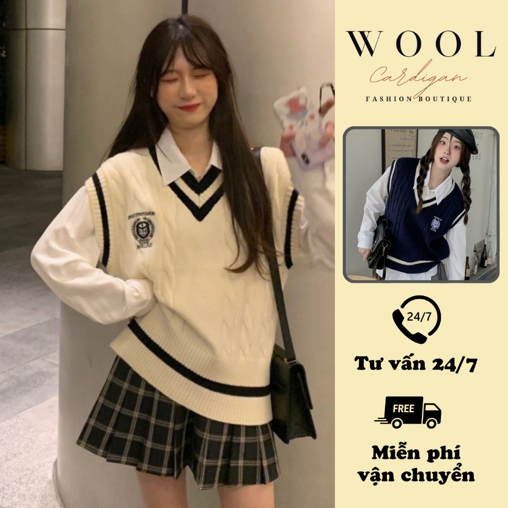 Gile len nữ cổ V viền đính logo sang trọng, Áo len gile nữ chất len vặn ...