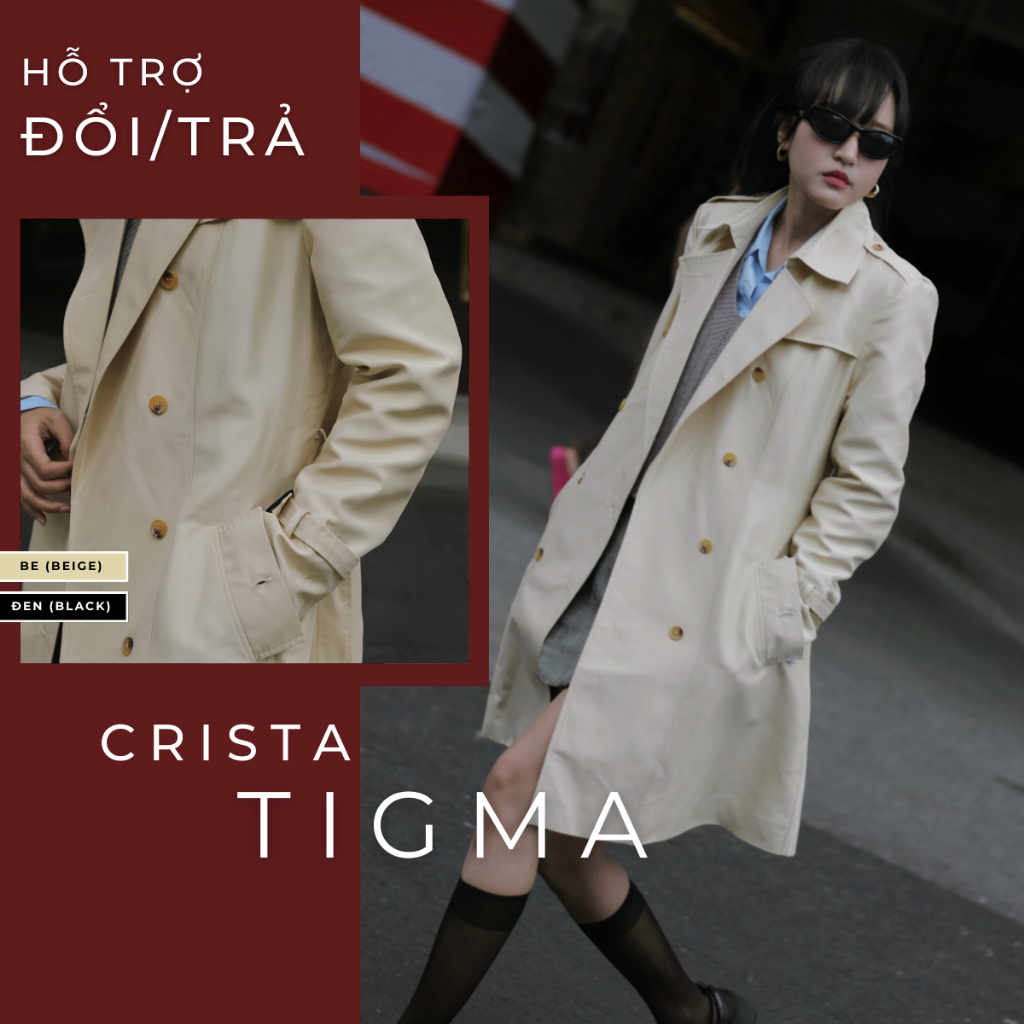 Măng tô Trench Coat nữ be đen cơ bản hiện đai Crista Tigma có cầu vai ...