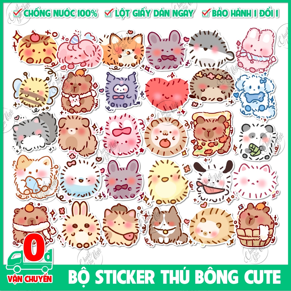 Bộ 50 sticker THÚ BÔNG vô tri dễ thương dán xe đạp laptop điện thoại ...