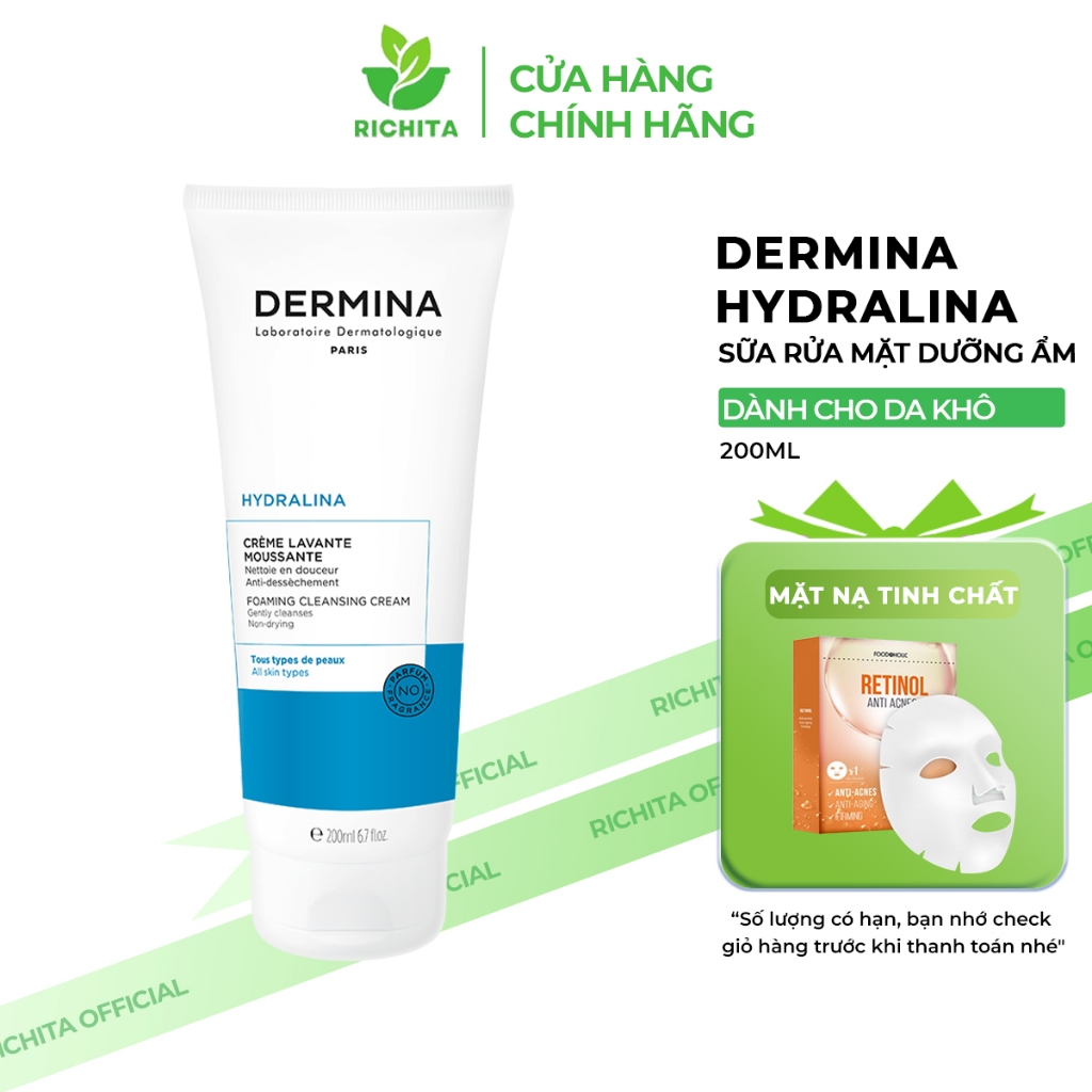 Sữa rửa mặt dưỡng ẩm cho da khô nhạy cảm Dermina Hydralina 200ml làm ...