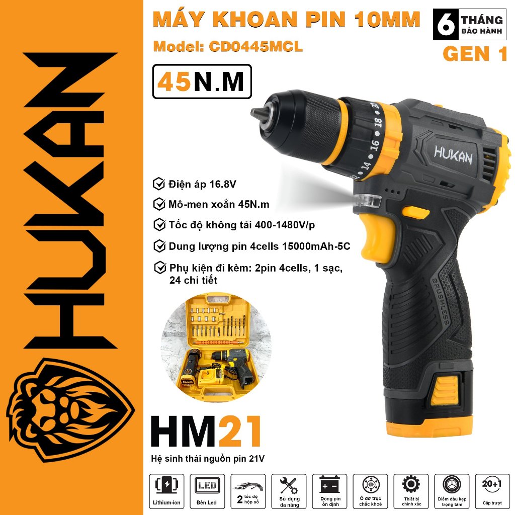 Máy khoan PIN 16V HUKAN CD0445MCL đầu kẹp 10 li, máy khoan pin khóa trục, motor khong chổi than ...