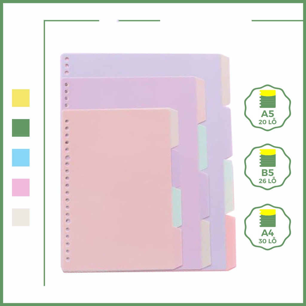 Set 4 tab phân trang A4 B5 A5 bằng nhựa màu pastel dùng cho sổ bìa còng ...