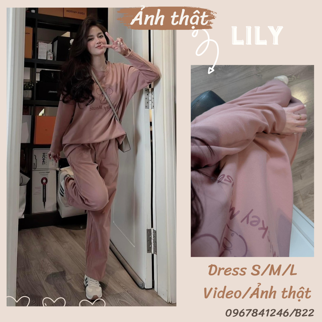 Bộ mặc nhà hồng tăm micky, Bộ thể thao mặc nhà quần suông dễ thương màu hồng chất tăm size s,m,l ...