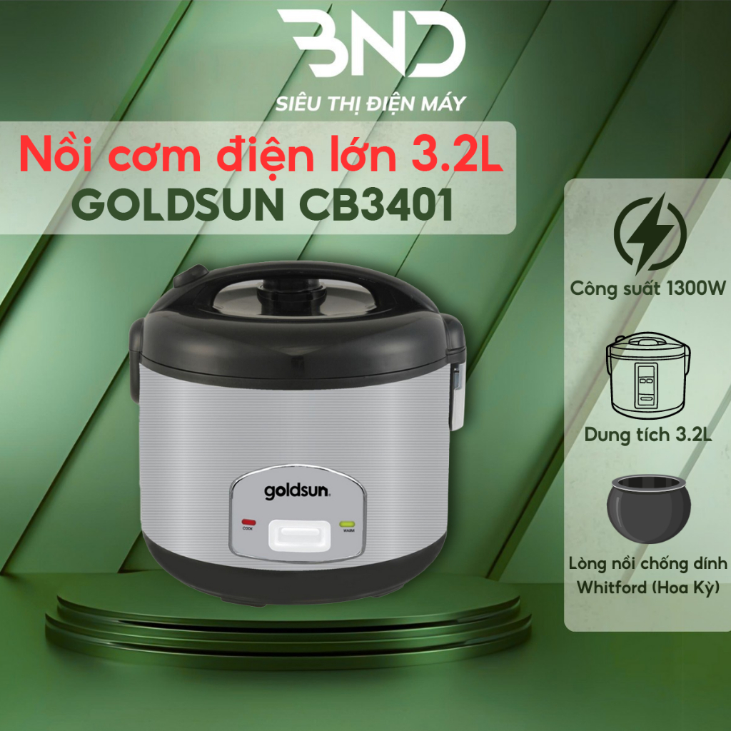 Nồi cơm điện lớn 3.2L Goldsun CB3401 công suất 1300w lòng nồi 3 lớp chống dính bảo hành 12 tháng ...