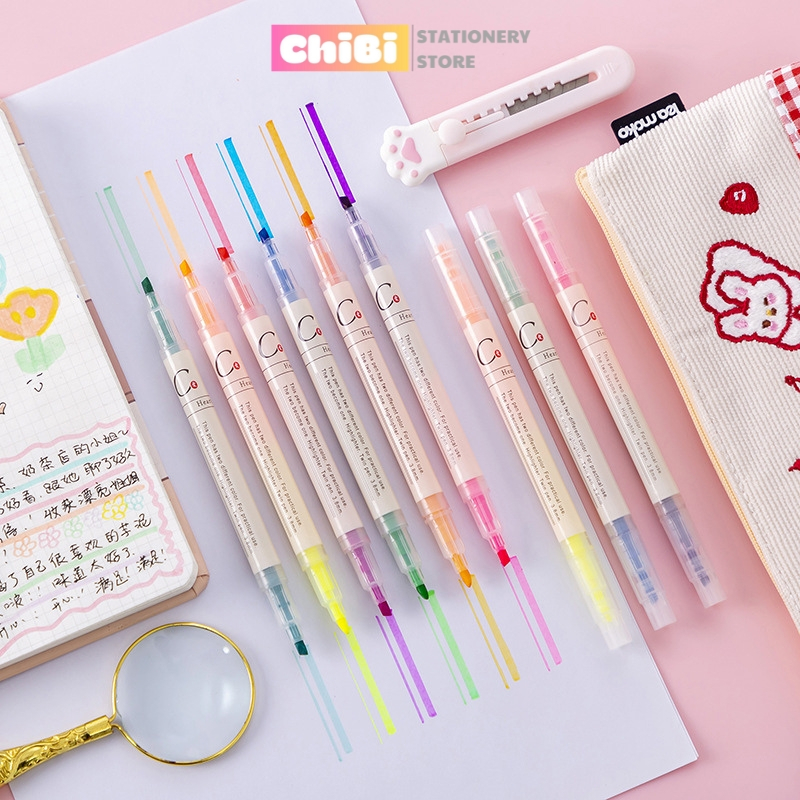 Bút highlight 2 đầu ChiBi, set bút đánh dấu 6 và 12 màu đa năng bảo vệ ...