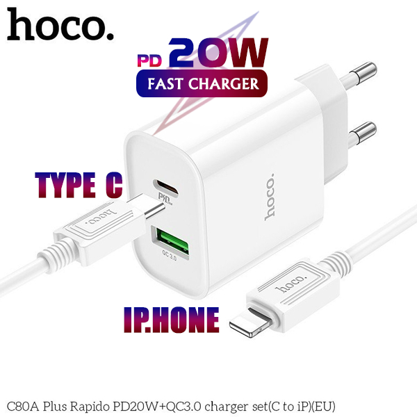Bộ sạc PD 20W Hoco C80/C80A Plus 2 cổng ( USB + Type-C ), sạc nhanh 3A, Quick Charger 3.0 cho ...