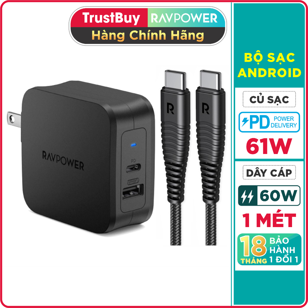Combo Củ Sạc Nhanh RAVPower Type C PD 61W RP-PC105 Và Cáp Type C to C ...
