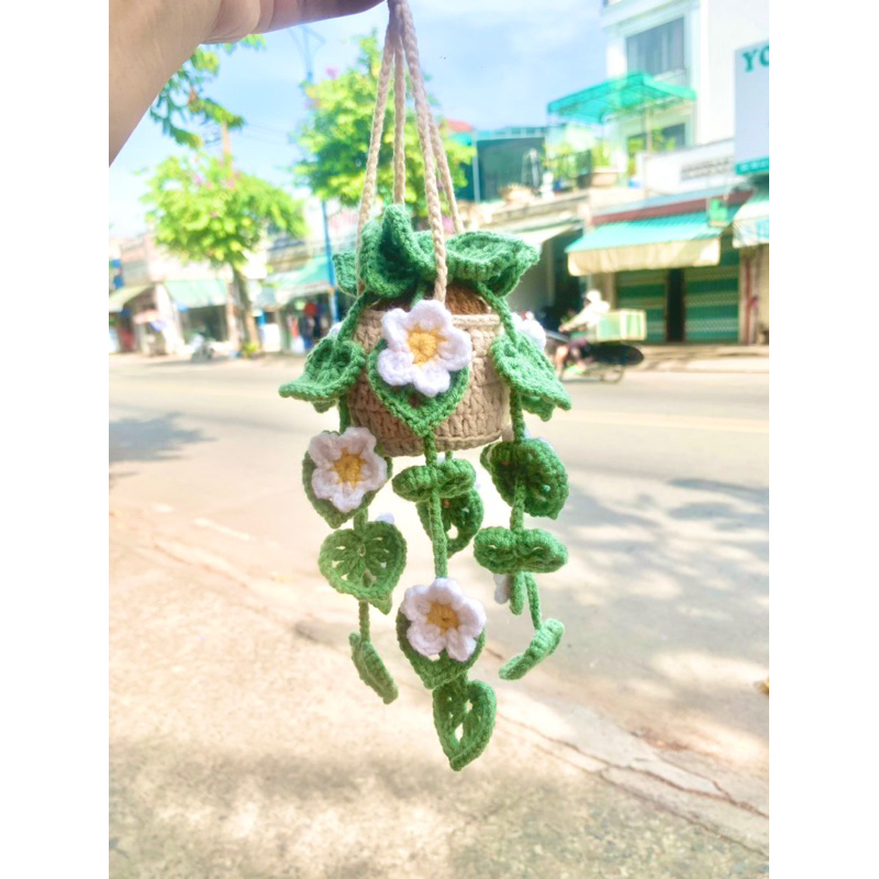 Chậu hoa lá len handmade treo xe ôtô , cửa sổ trang trí nhà cửa , làm ...