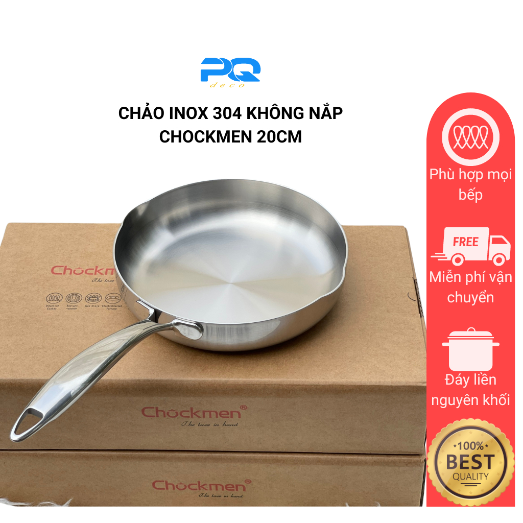 Chảo inox 304 Chockmen nông lòng không nắp 20cm nguyên khối xuất Âu chống dính bếp từ 18/10 ...
