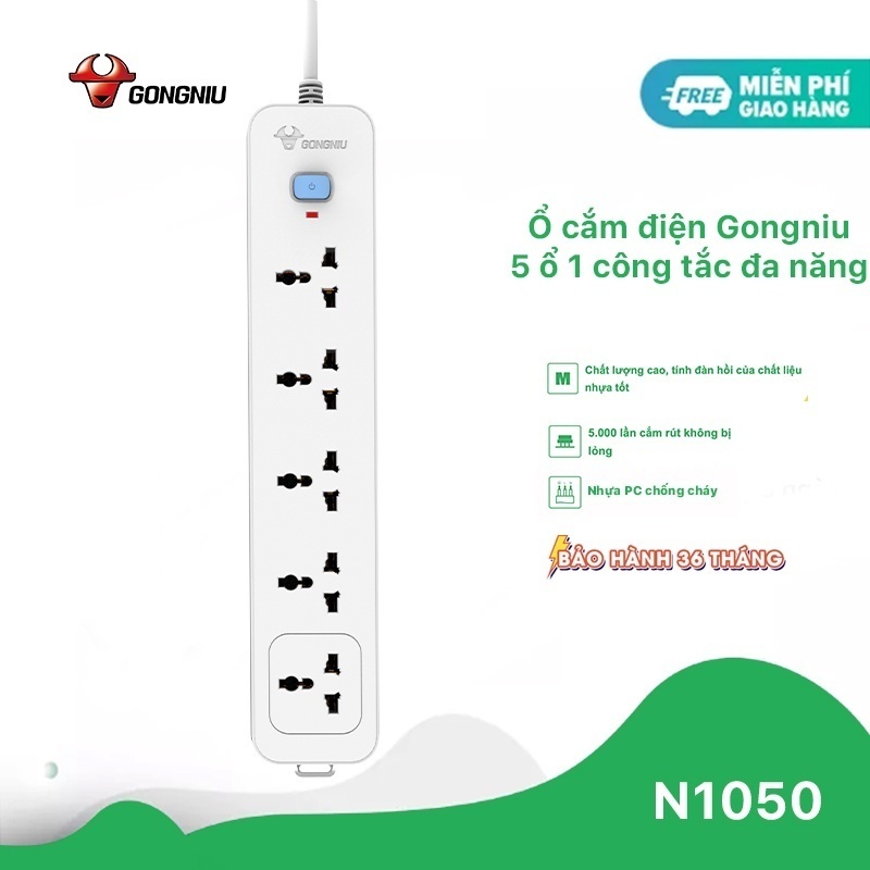 Ổ Cắm Điện Chống Cháy GONGNIU - 6 Ổ Đa Năng 1 Công Tắc – Công Suất 10A/250/2500W – N1330 ...