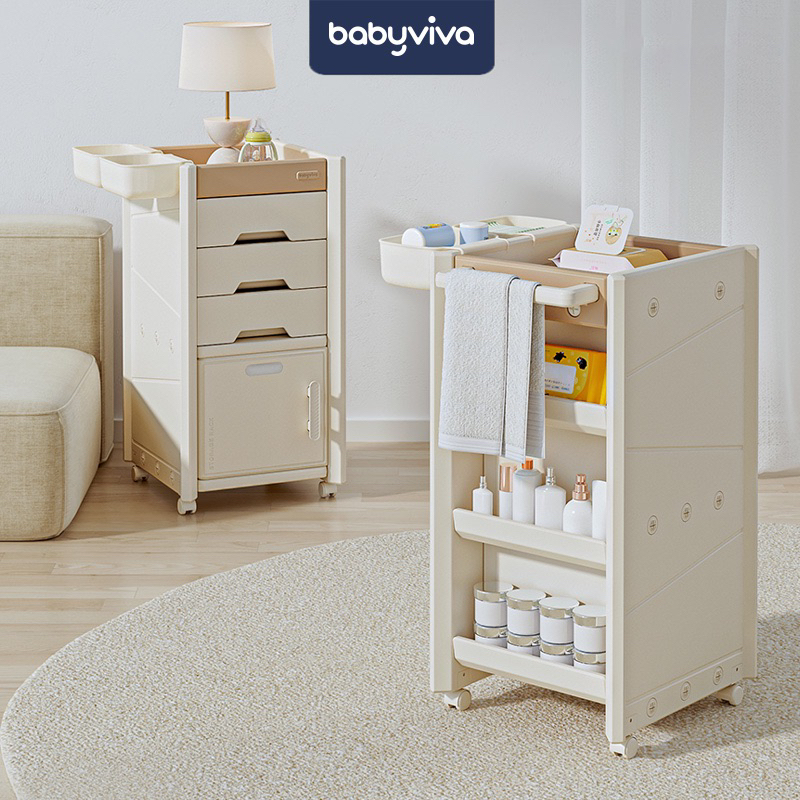 Tủ đầu giường Babyviva cho bé có bánh xe di chuyển và chế độ khóa bánh an toàn, có tay đẩy cho ...