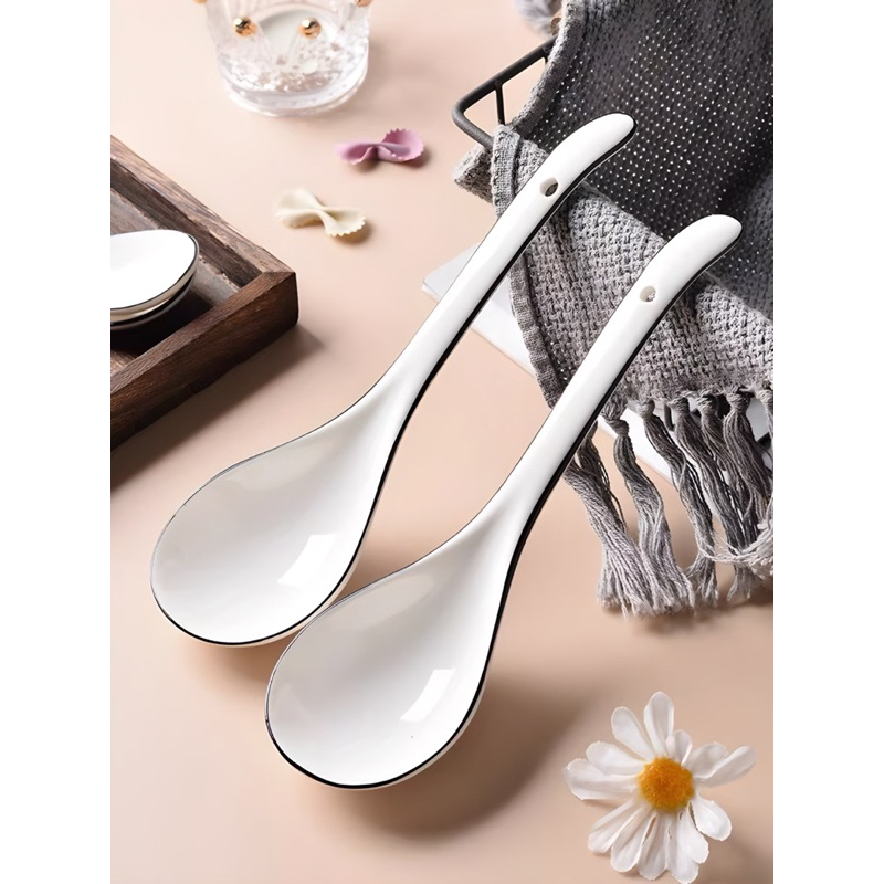 Vá canh, muôi canh, vá múc canh viền đen sang trọng chất liệu gốm sứ ...