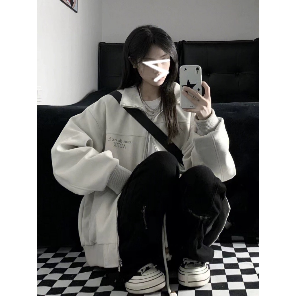 Áo khoác da lộn ADFX logo thêu form rộng unisex nam nữ, Áo khoác bóng ...