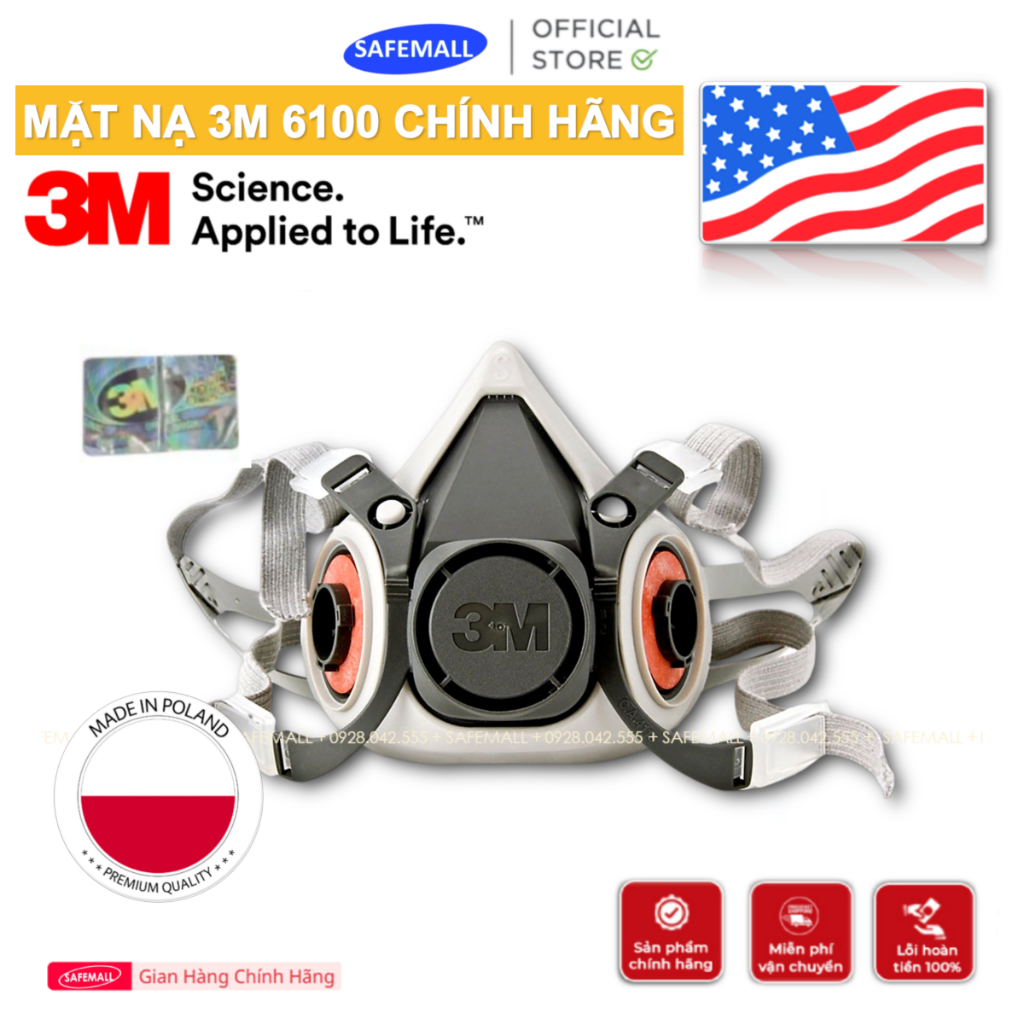 Bộ 7 Món Mặt nạ phòng độc 3M 6100 và 3M 6200, 2 Phin lọc 3M 6001, 2 tấm lọc bụi 3M 5N11, 2 nắp ...