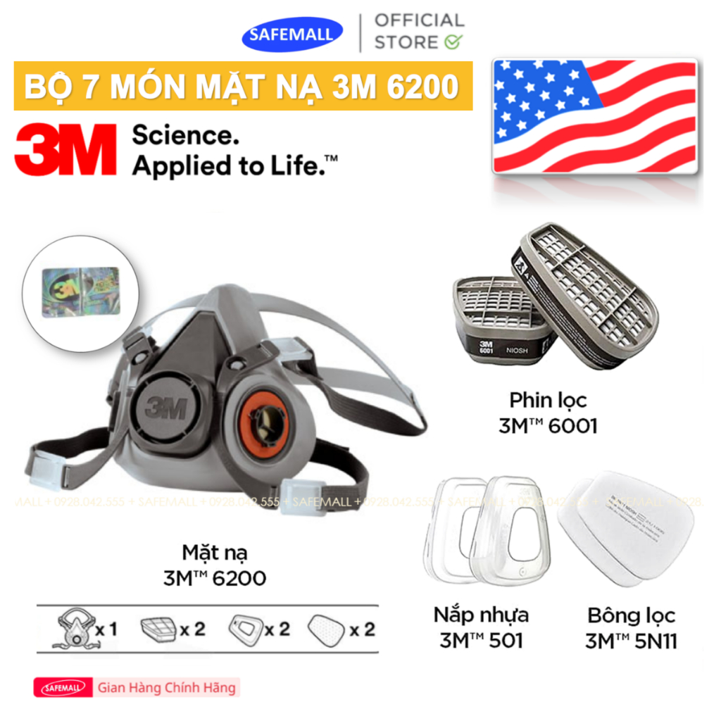 Bộ 7 Món Mặt nạ phòng độc 3M 6100 6200, 2 Phin lọc 3M 6001, 2 tấm lọc ...