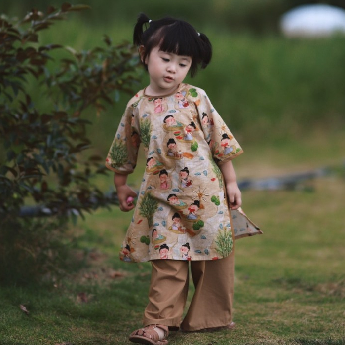 (Yi Closet) Set áo dài thô cotton dễ thương vàng nâu (10 - 25kg ...