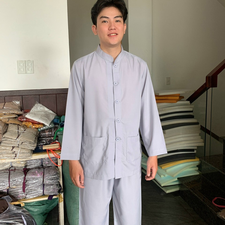 (NAM LÃNH TỤ nút nhưa) Đồ lam đi chùa nam, Quần áo Phật tử mẫu nam Kate KN04B | Shopee Việt Nam