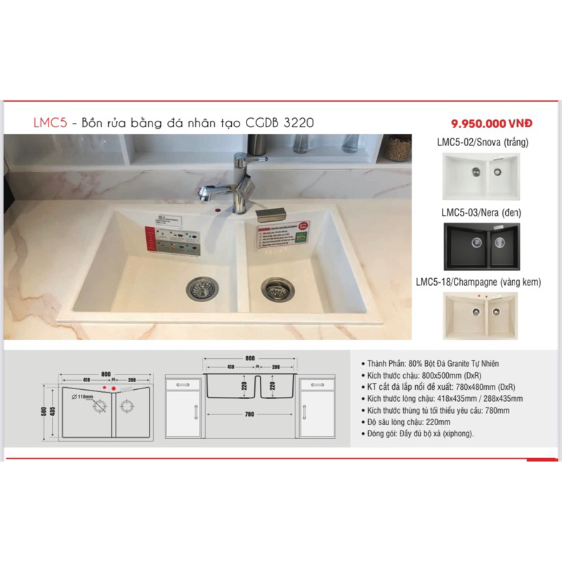 Chậu rửa chén bát Carysil Bằng đá Granite LMC5 ( Nhập khẩu Ấn Độ ...
