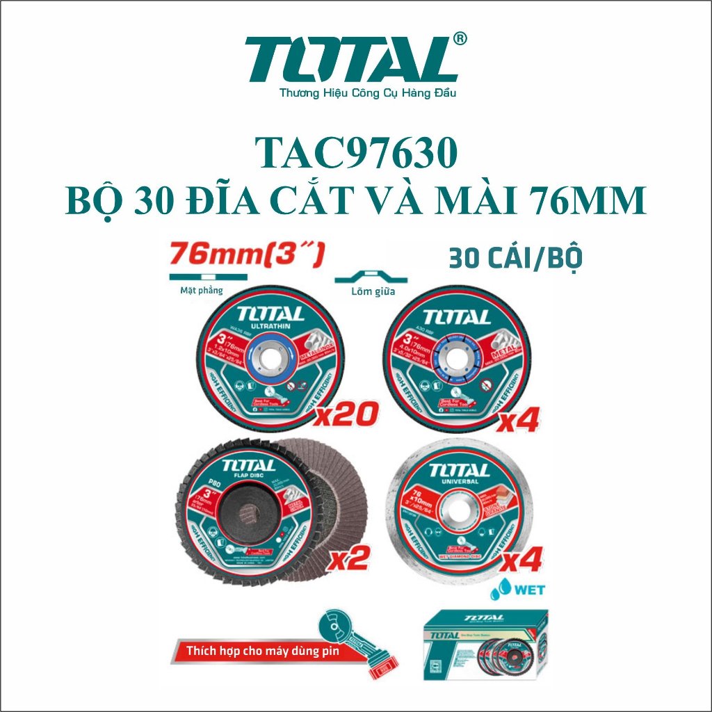 Bộ 30 đĩa cắt và mài 76mm Total TAC97630 | Shopee Việt Nam