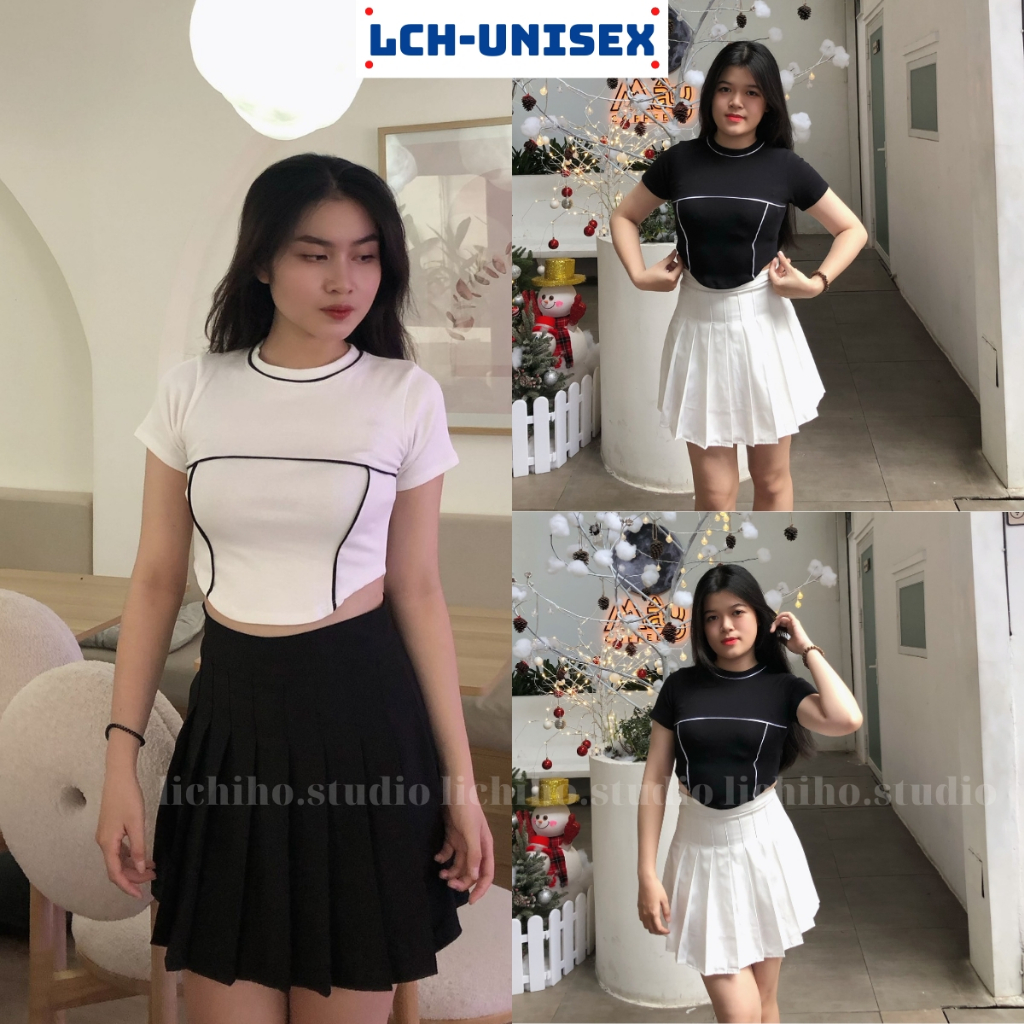 Áo croptop vạt bầu tôn eo Lch áo thun phối viền ôm body sexy áo nữ cổ ...