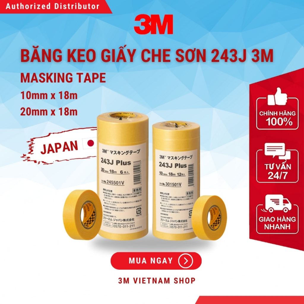 Băng keo giấy 3M 243J che sơn Masking Tape, 10mmx18m và 20mm x18m | Shopee Việt Nam