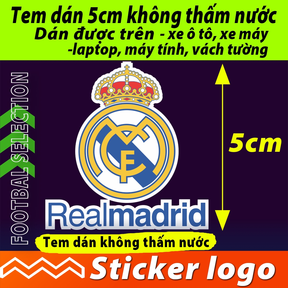 Tem dán Sticker không thấm nước logo REAL MADRID 5cm đội bóng dán ...