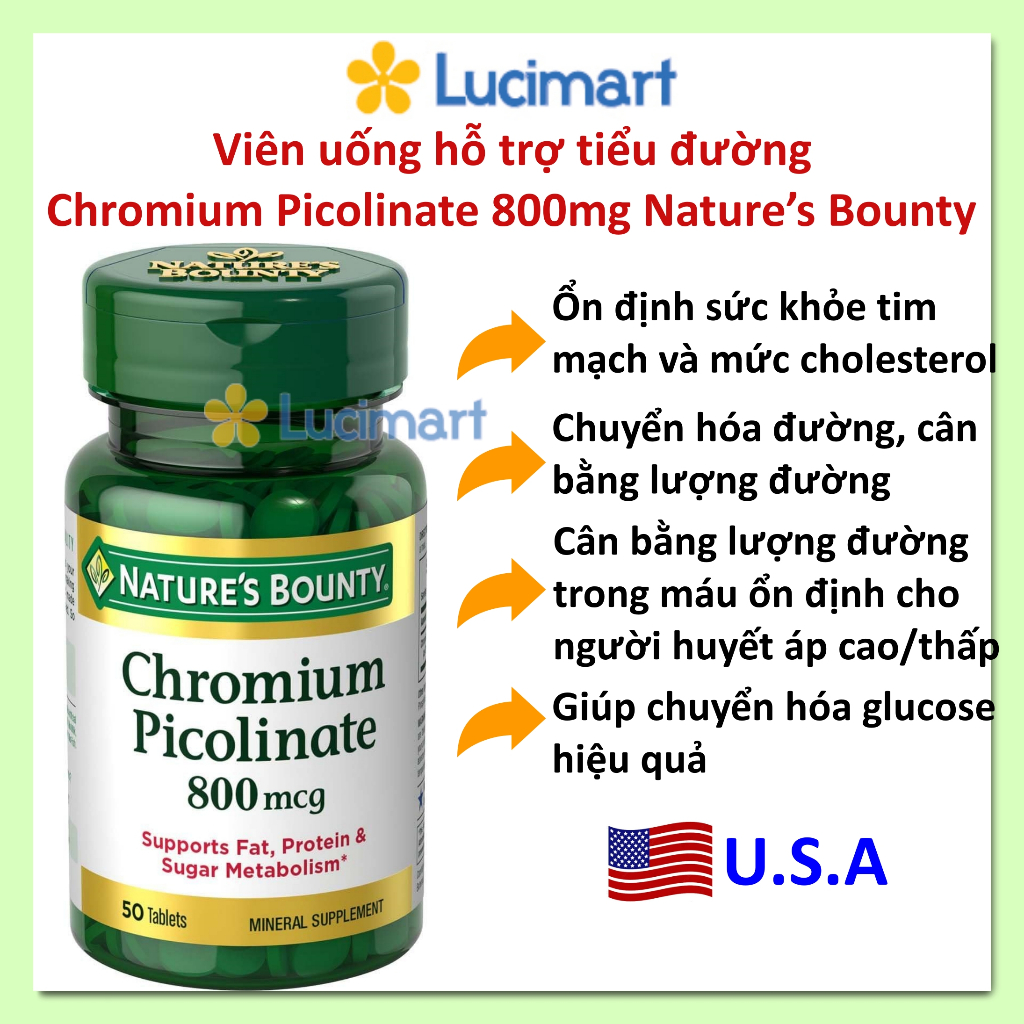 Viên uống hỗ trợ tiểu đường Chromium Picolinate 800mg Nature’s Bounty ...